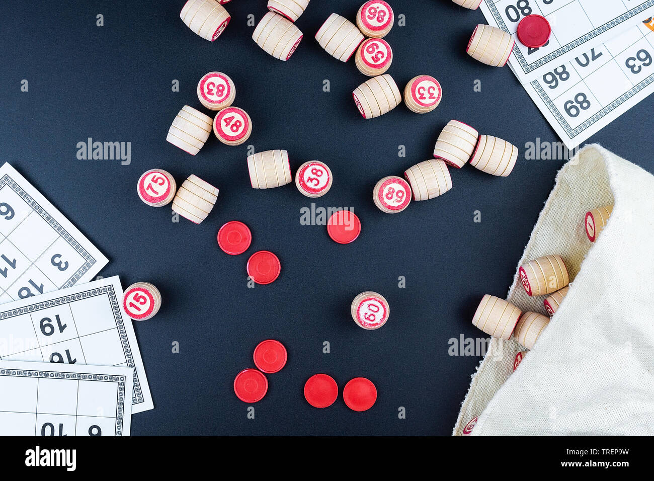 Tabletop old lotto game with wooden elements. Cards bingo Stock Photo ...