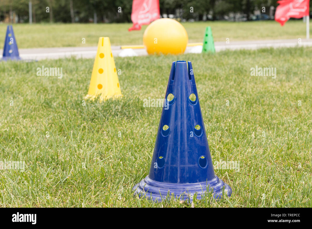 Blue and yellow plastic sports cones, ball on the green grass and red ...