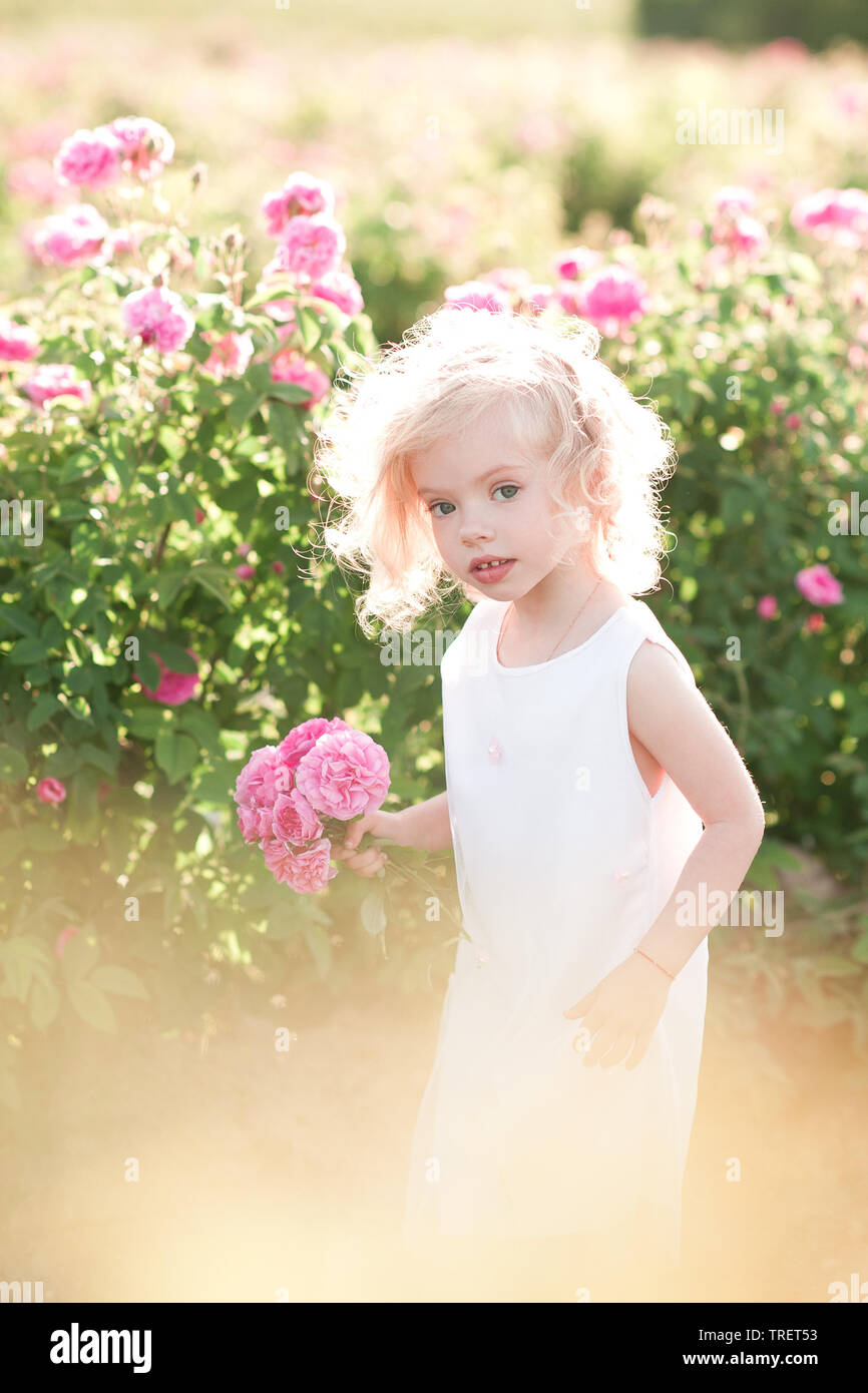 Pretty kid girl 4-5 year old holding flowers in field. Looking at ...
