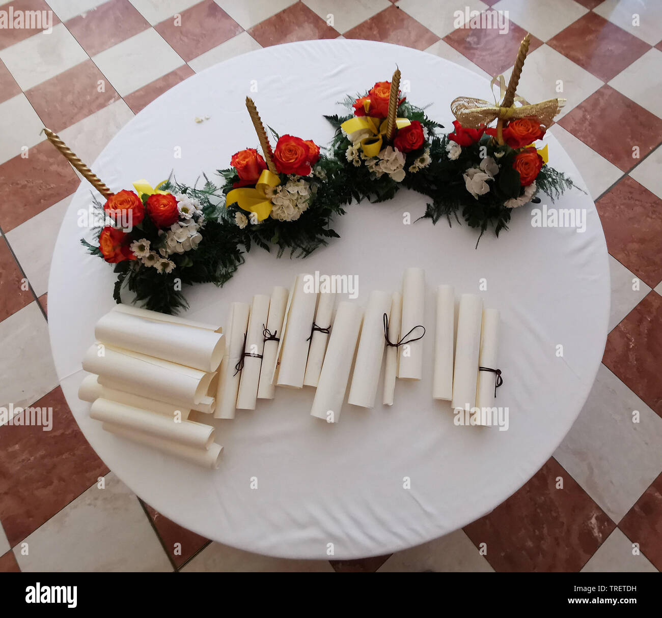Parchment scroll vellum on a table detail Stock Photo - Alamy