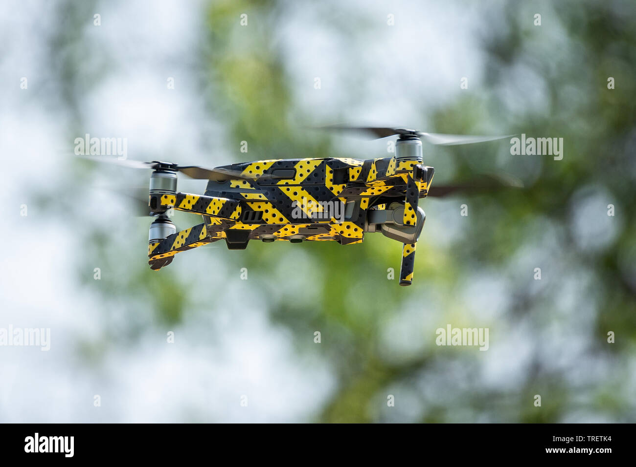 Drone quadcopter on nature background with a copy space. Top view, flat ...