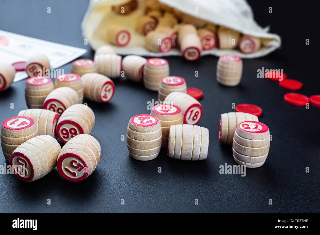 Tabletop old lotto game with wooden elements. Cards bingo Stock Photo ...