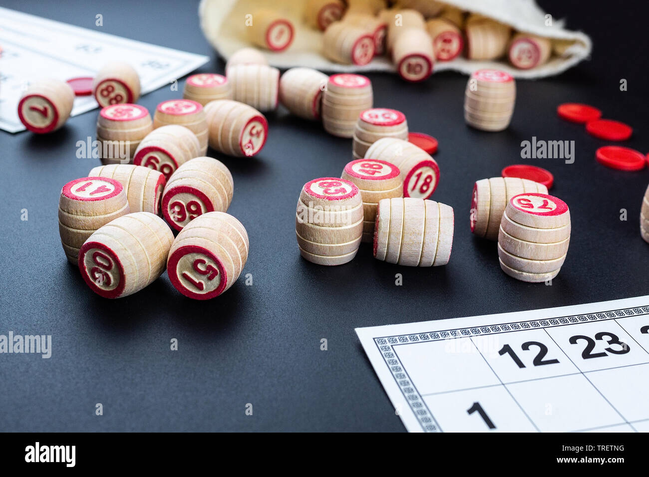 Tabletop old lotto game with wooden elements. Cards bingo Stock Photo ...