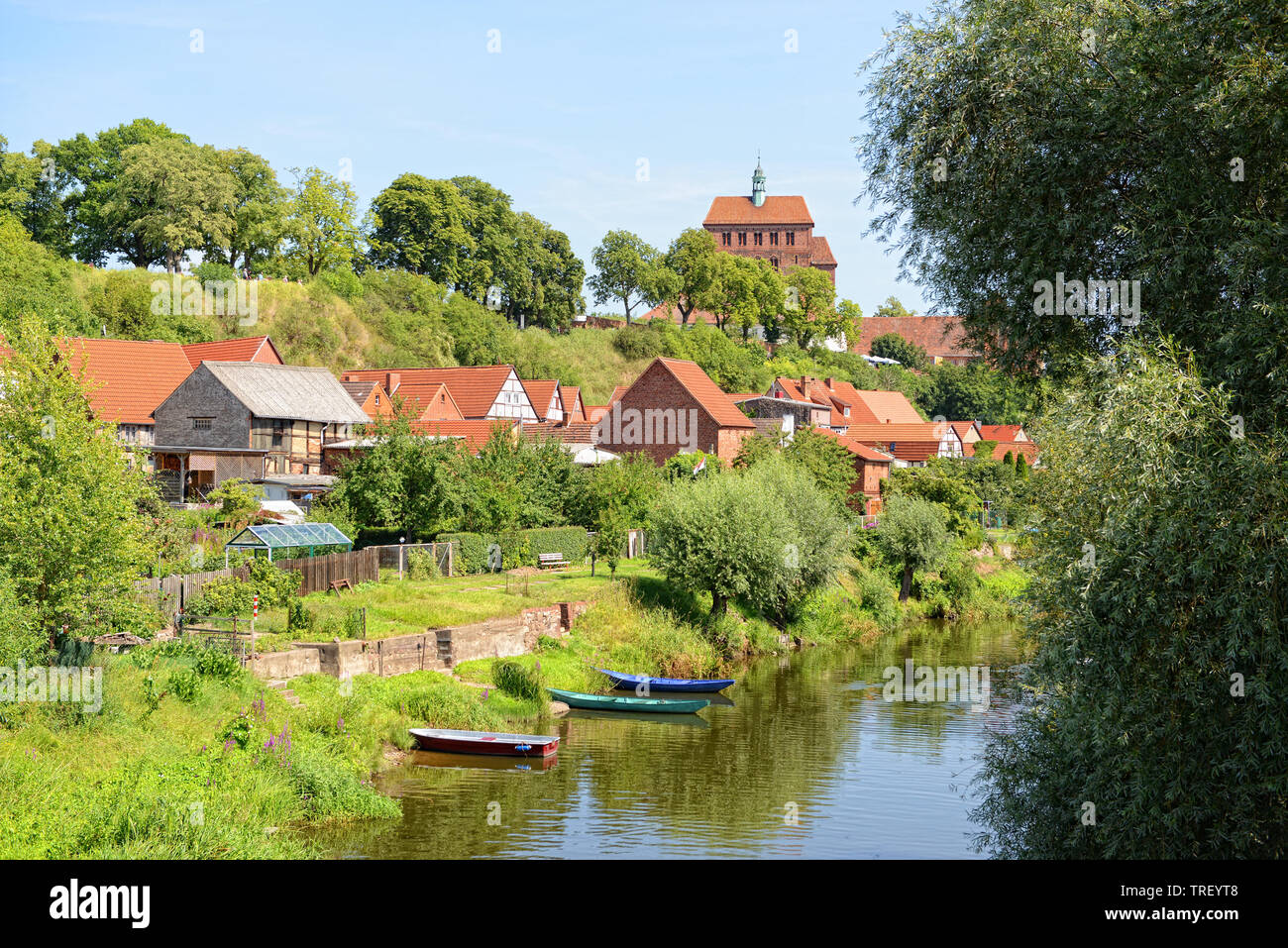Cityscape of Havelberg (Germany) at Havel river with boots. Brick stone ...
