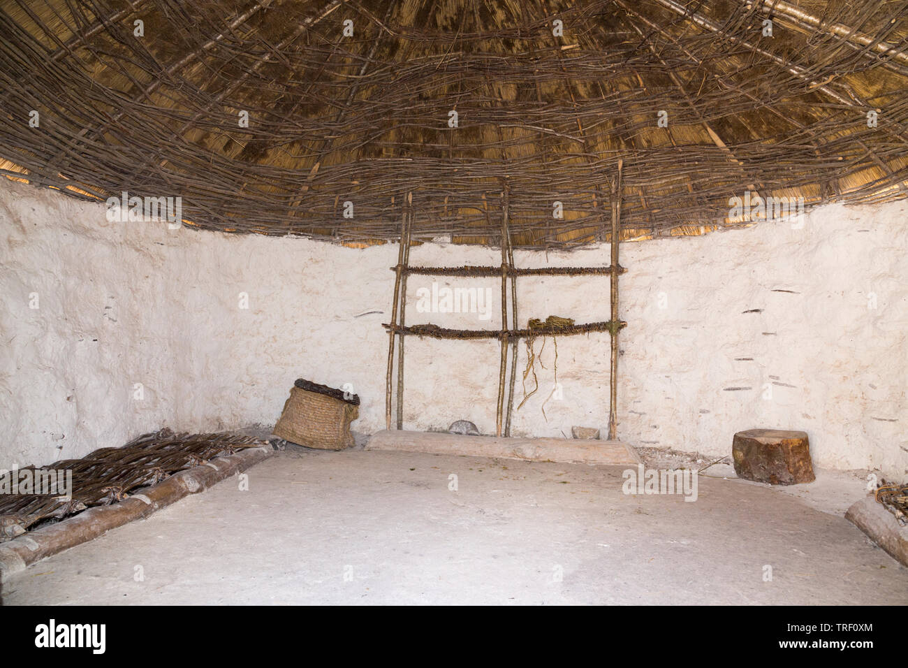 Interior with thatched roof ceiling inside a recreated Neolithic stone ...
