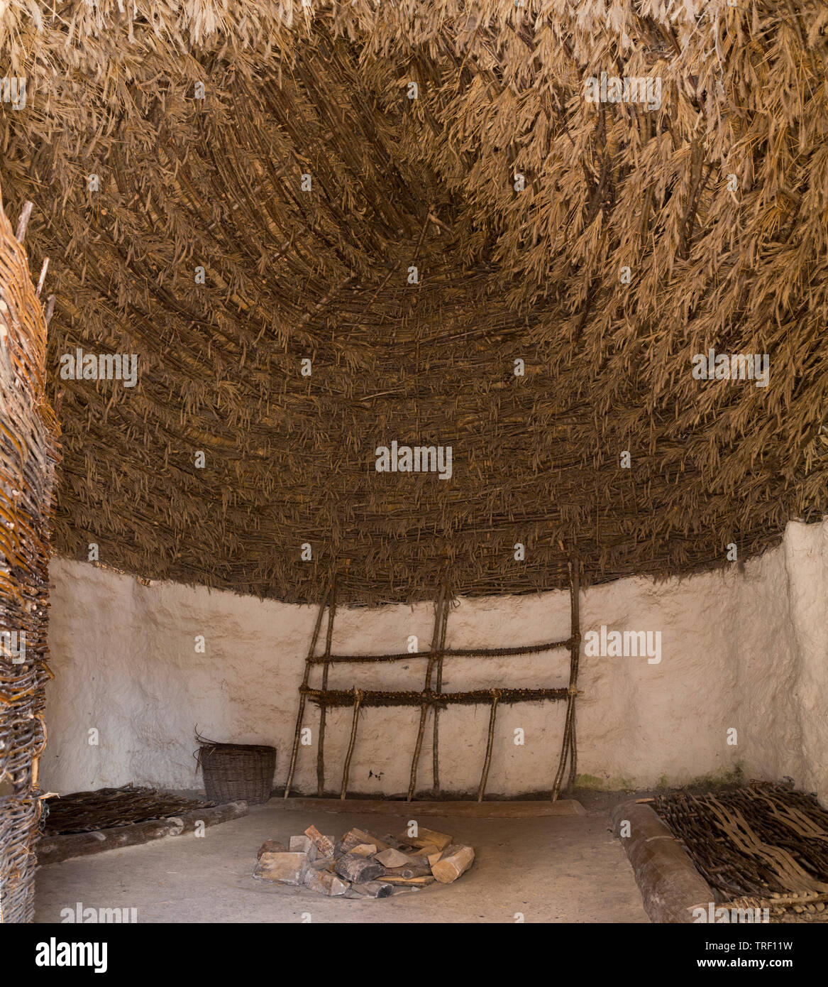 Interior with thatched roof ceiling inside a recreated Neolithic stone ...