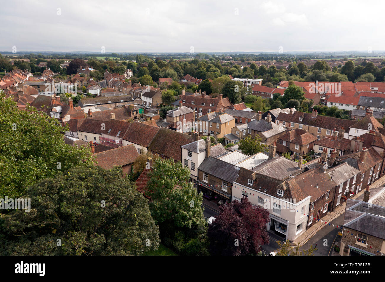 Wide-Angle, Panoramic aerial view looking down on the historic Town of ...