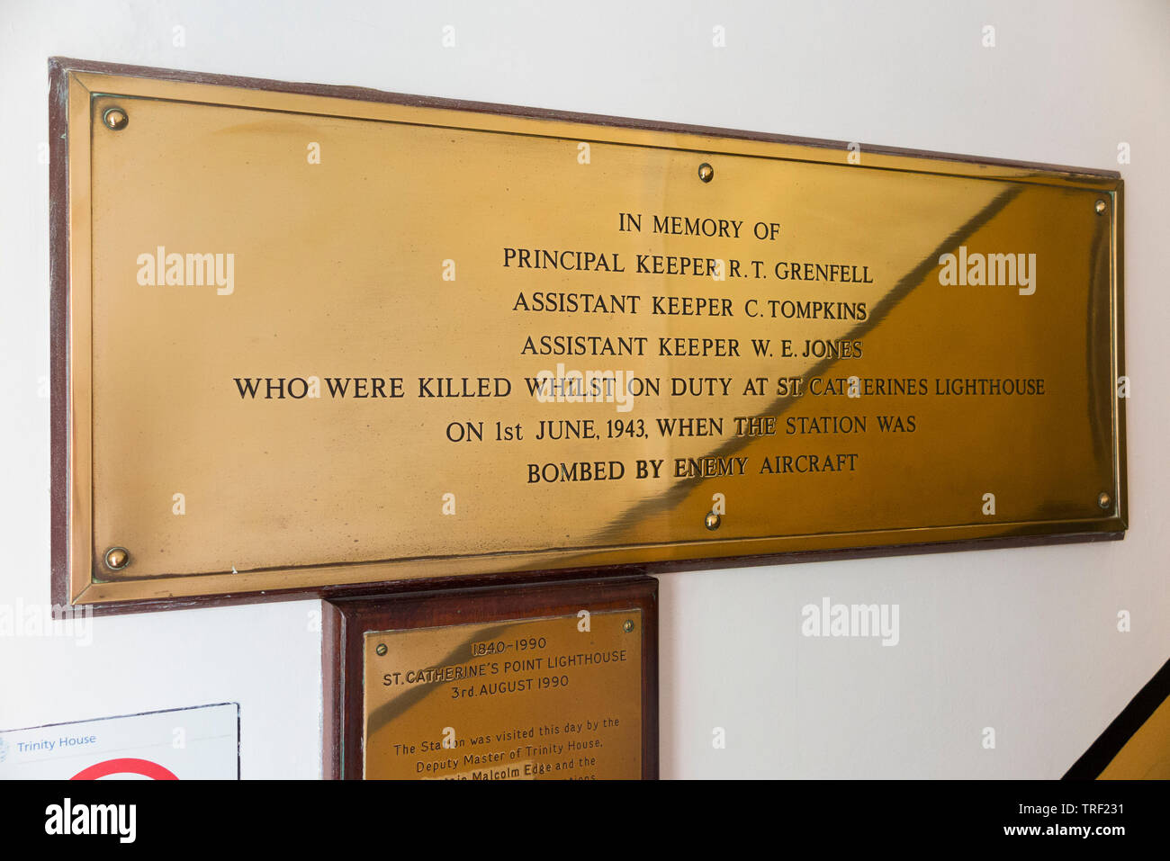 Plaque / dedication / brass memorial plate to Lighthouse men who were ...