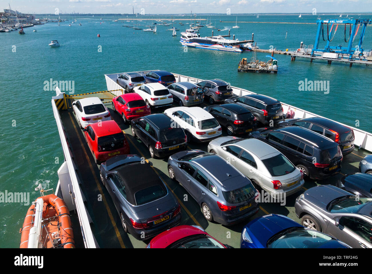Open car deck of a Red Funnel ferry travelling between East Cowes on ...