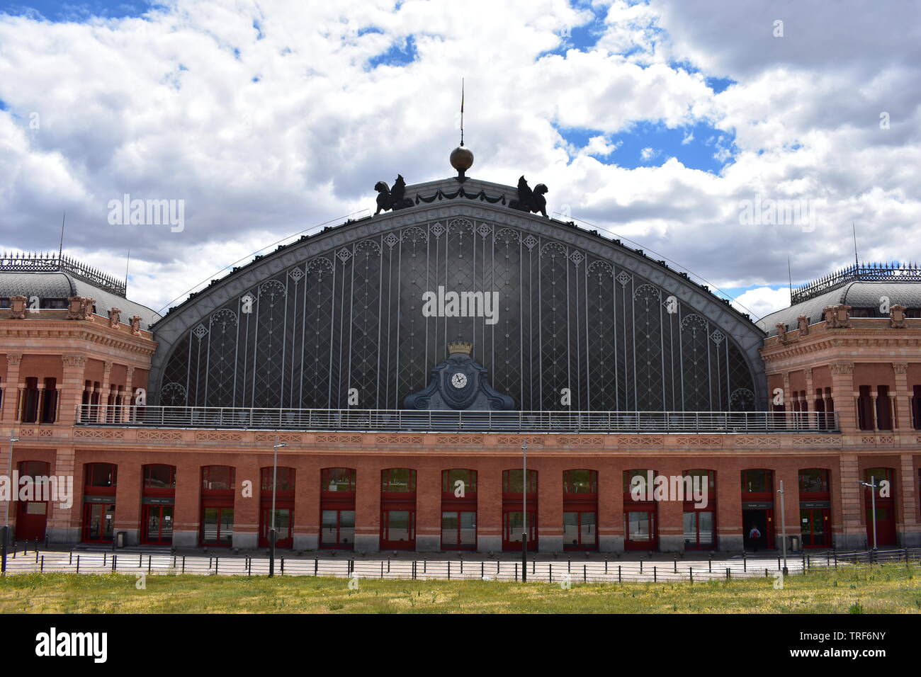 Perfect view of main facade of Madrid's central train station at noon ...