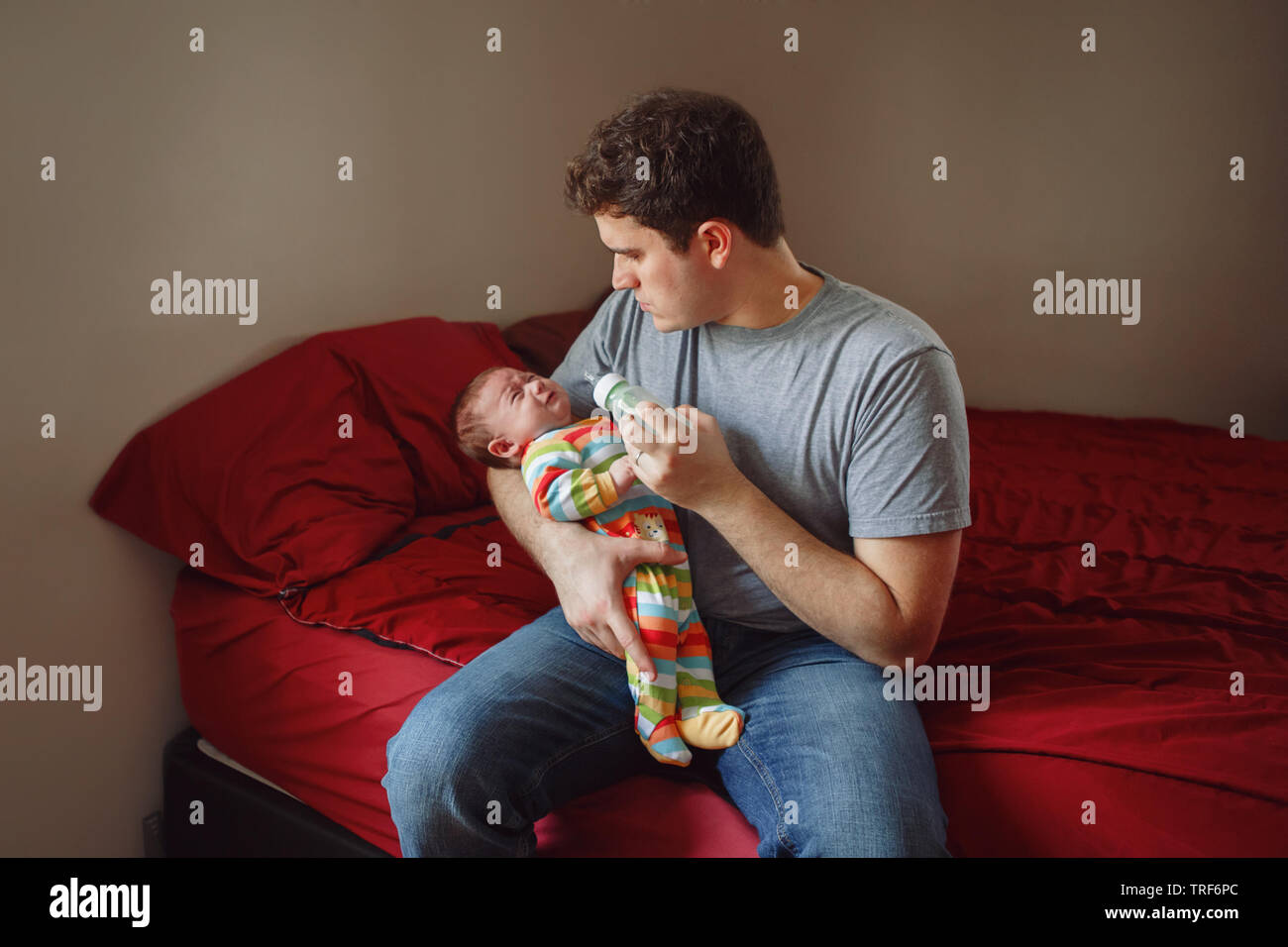Young Caucasian father feeding newborn baby son daughter with milk ...