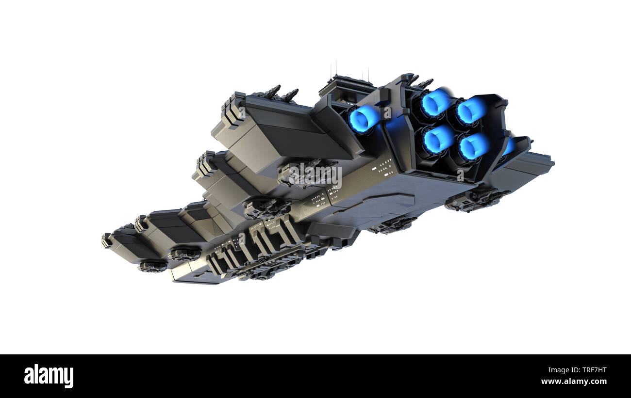 Spaceship flying, alien UFO spacecraft in flight isolated on white ...