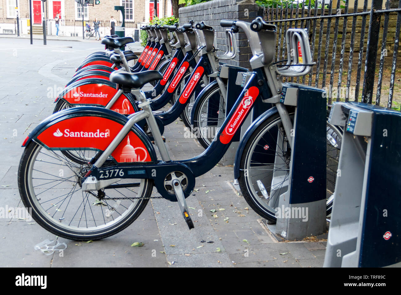 A row of Santander rental bicycles, also known as 'Boris Bikes', at ...