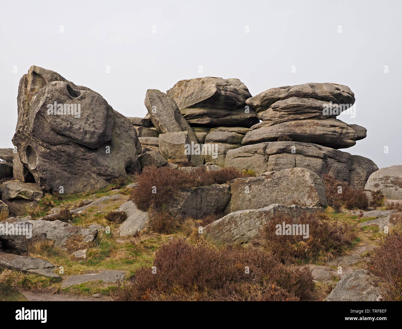 fantastic shapes of gritstone rock formation surrounded by heather ...