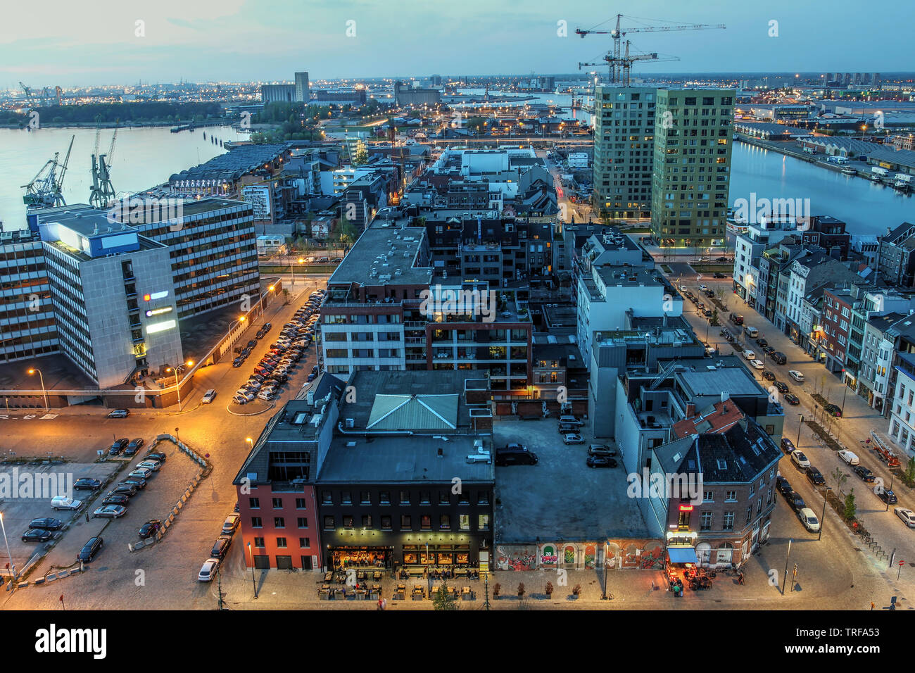 Aerial view at twilight of Antwerp, Belgium port from the MAS tower ...