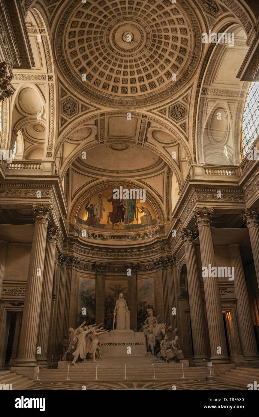 Pantheon inside view with ceiling, columns and paintings richly ...