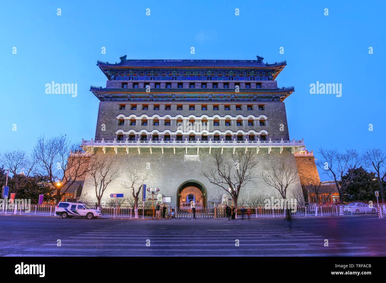 Twilight view of the Zhengyangmen Gate (colloqually known as Qianmen ...