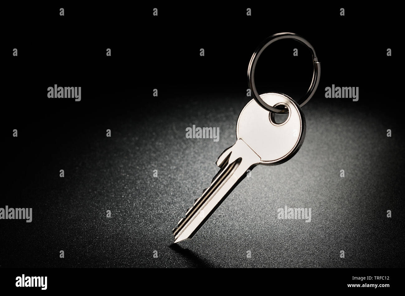 Steel shiny key with ring on a black textured background Stock Photo ...