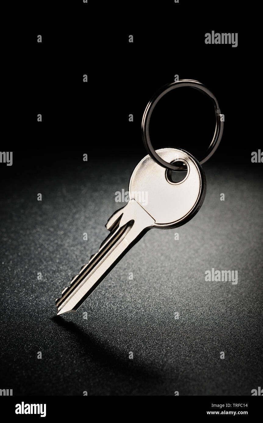Steel shiny key with ring on a black textured background Stock Photo ...