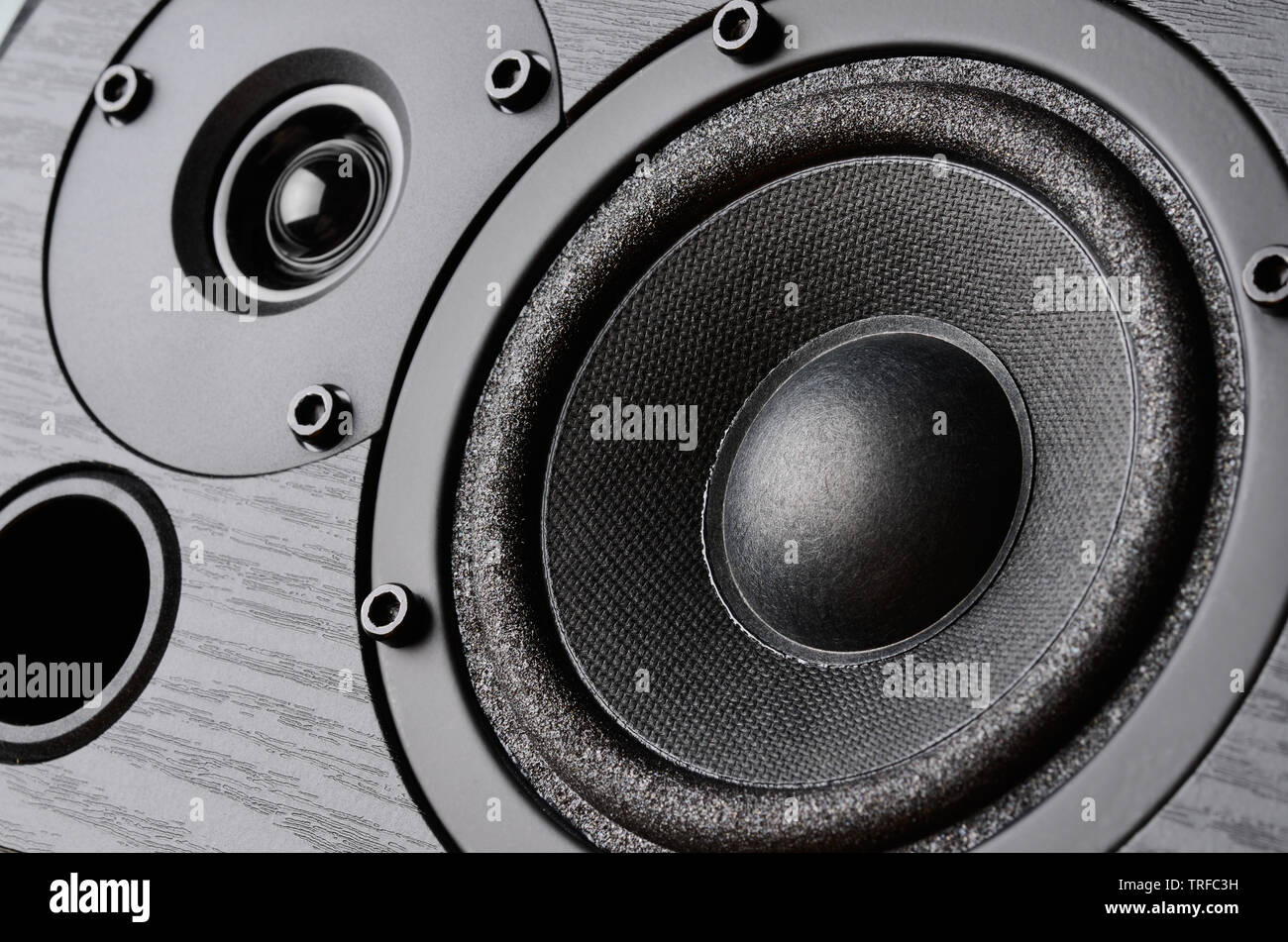Multimedia speaker system with different speakers closeup over black ...