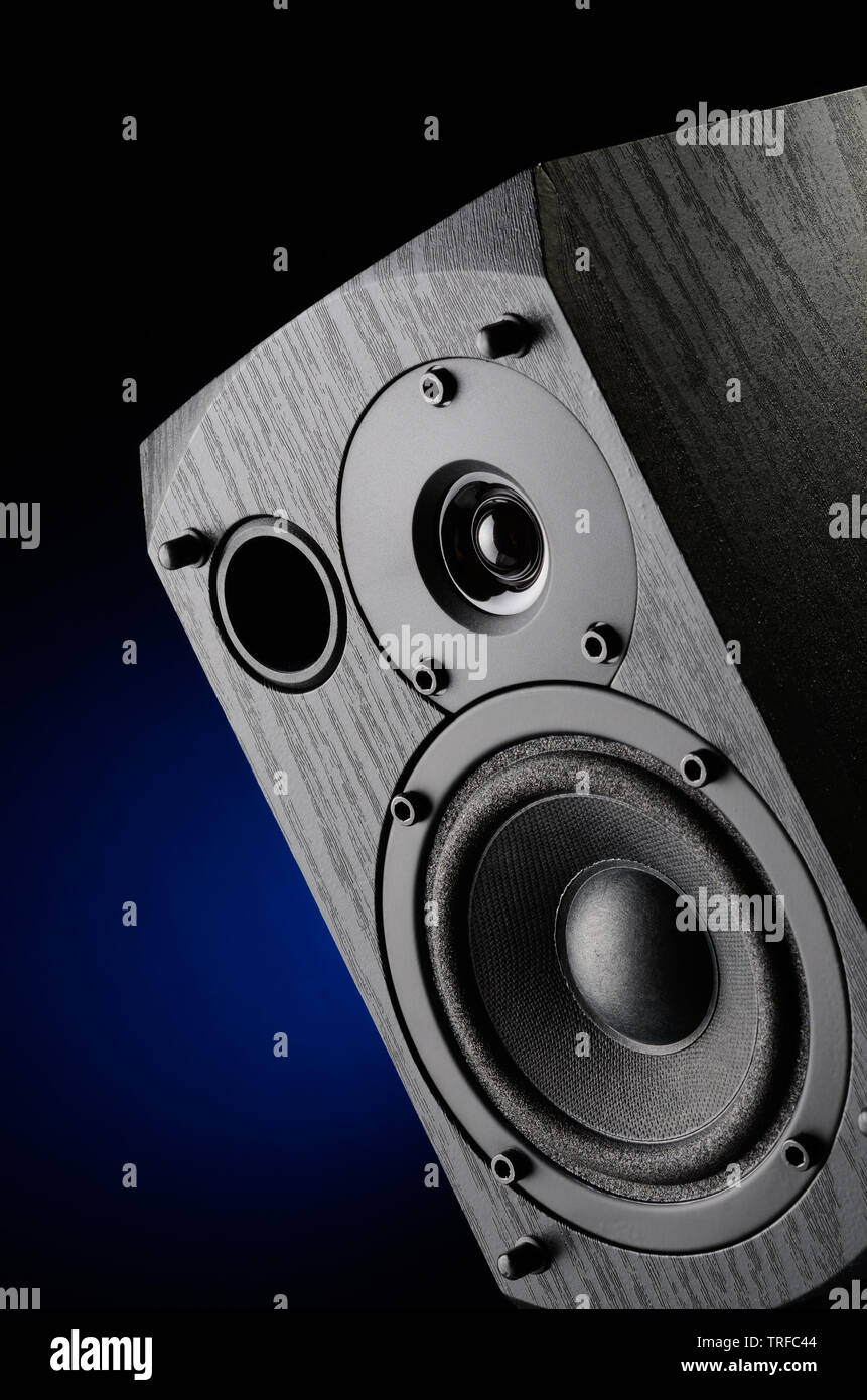 Multimedia speaker system with different speakers closeup over black ...