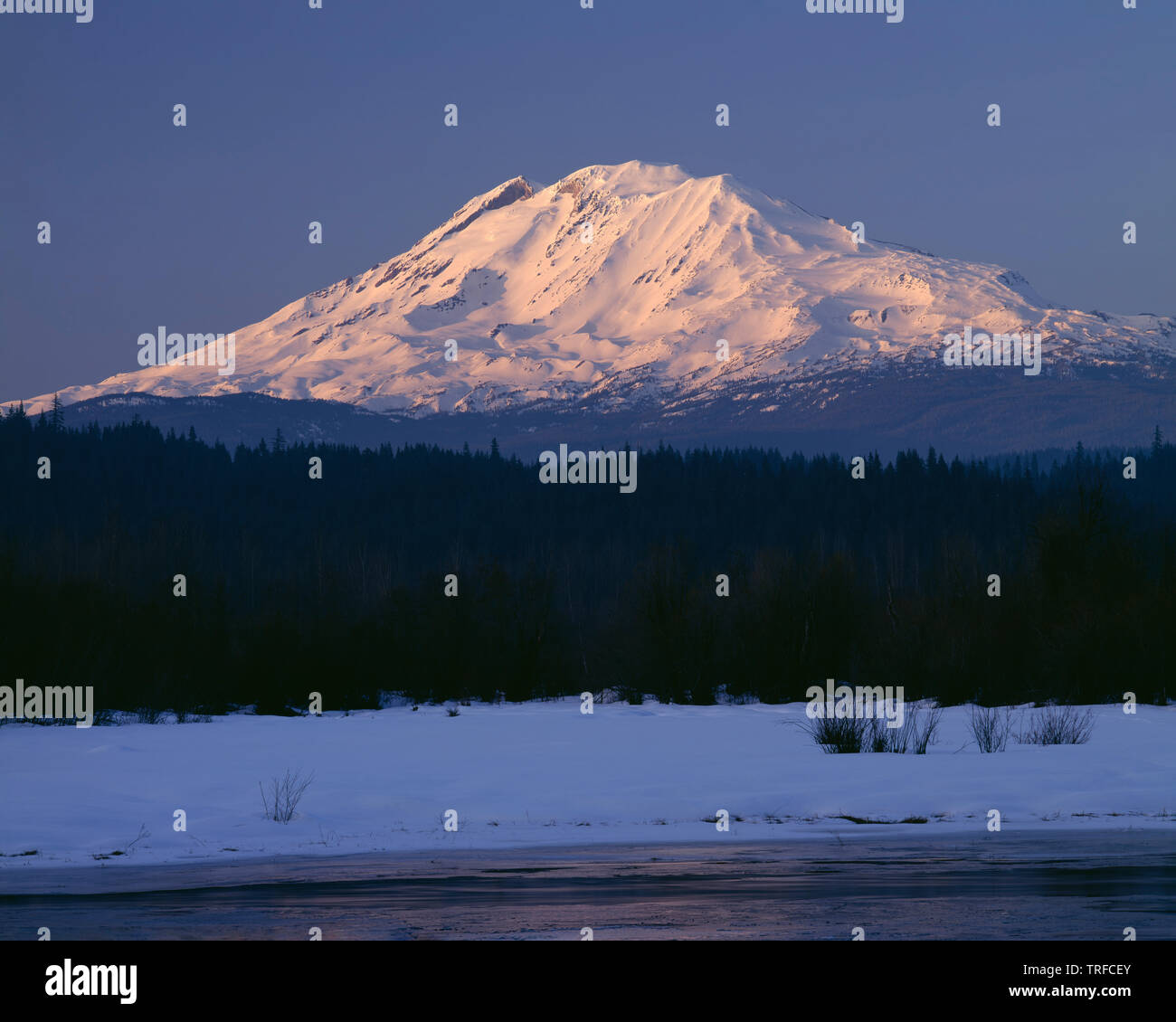 USA, Washington, Sunset on snowy Mt. Adams, in the Gifford Pinchot ...