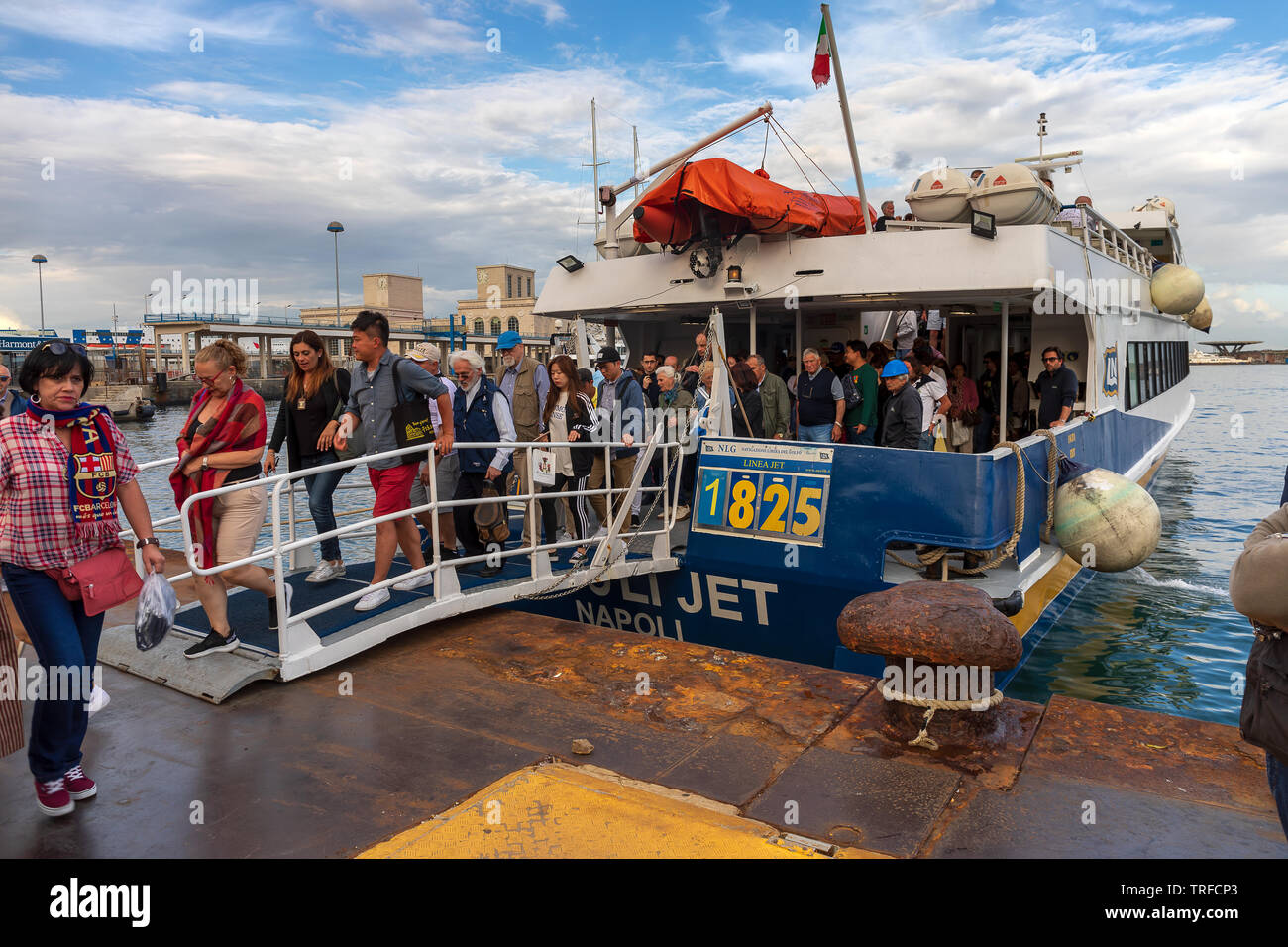 Naples, Italy - May 30, 2019: passengers get off the hydrofoil through ...
