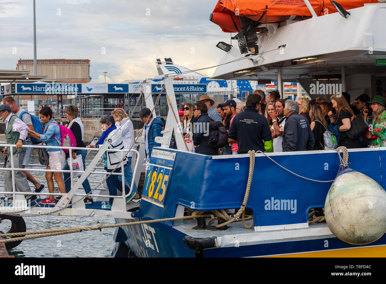 Naples, Italy - May 30, 2019: passengers get off the hydrofoil through ...