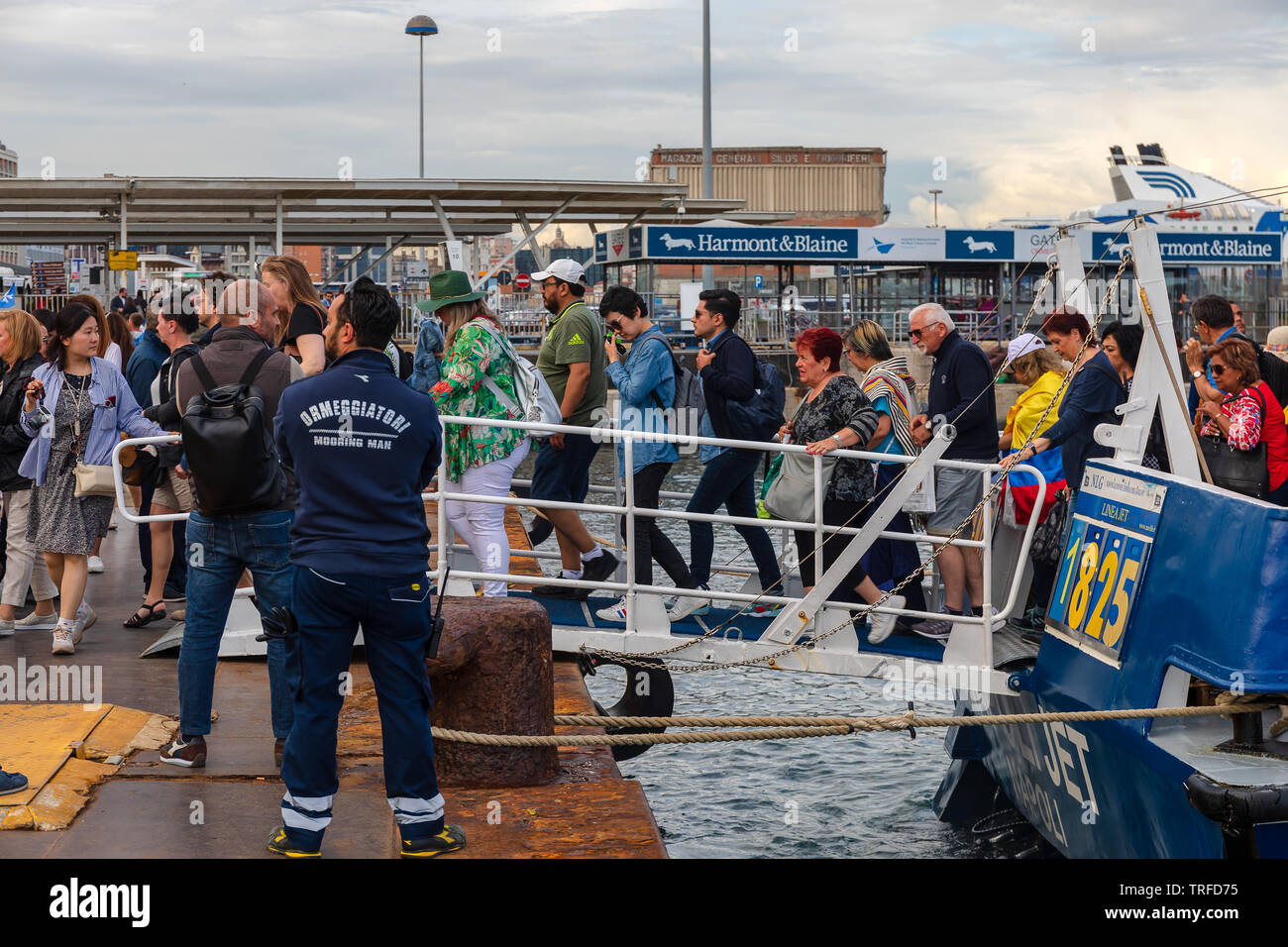 Naples, Italy - May 30, 2019: passengers get off the hydrofoil through ...