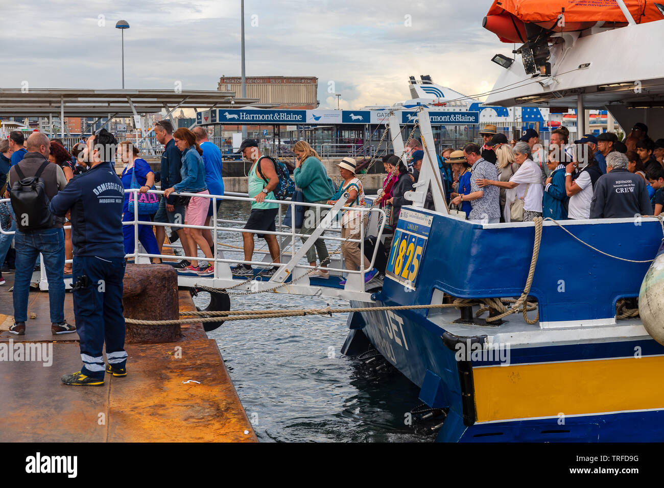 Naples, Italy - May 30, 2019: passengers get off the hydrofoil through ...
