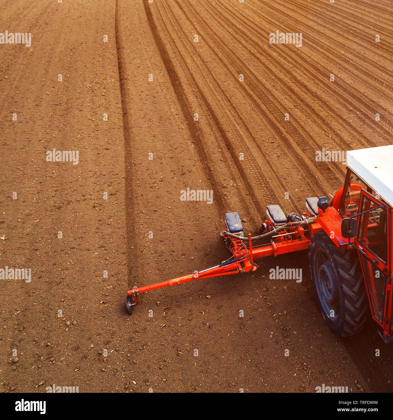 Aerial view of tractor with mounted seeder performing direct seeding of ...