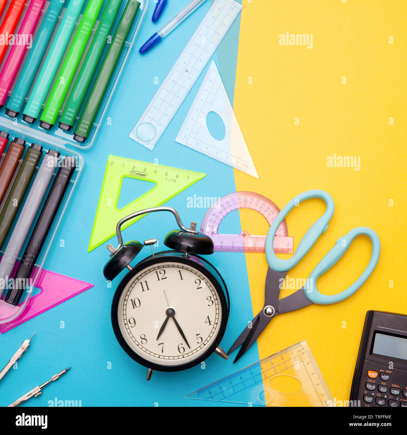 Starting school, back to school, education are styled flat lay scene ...