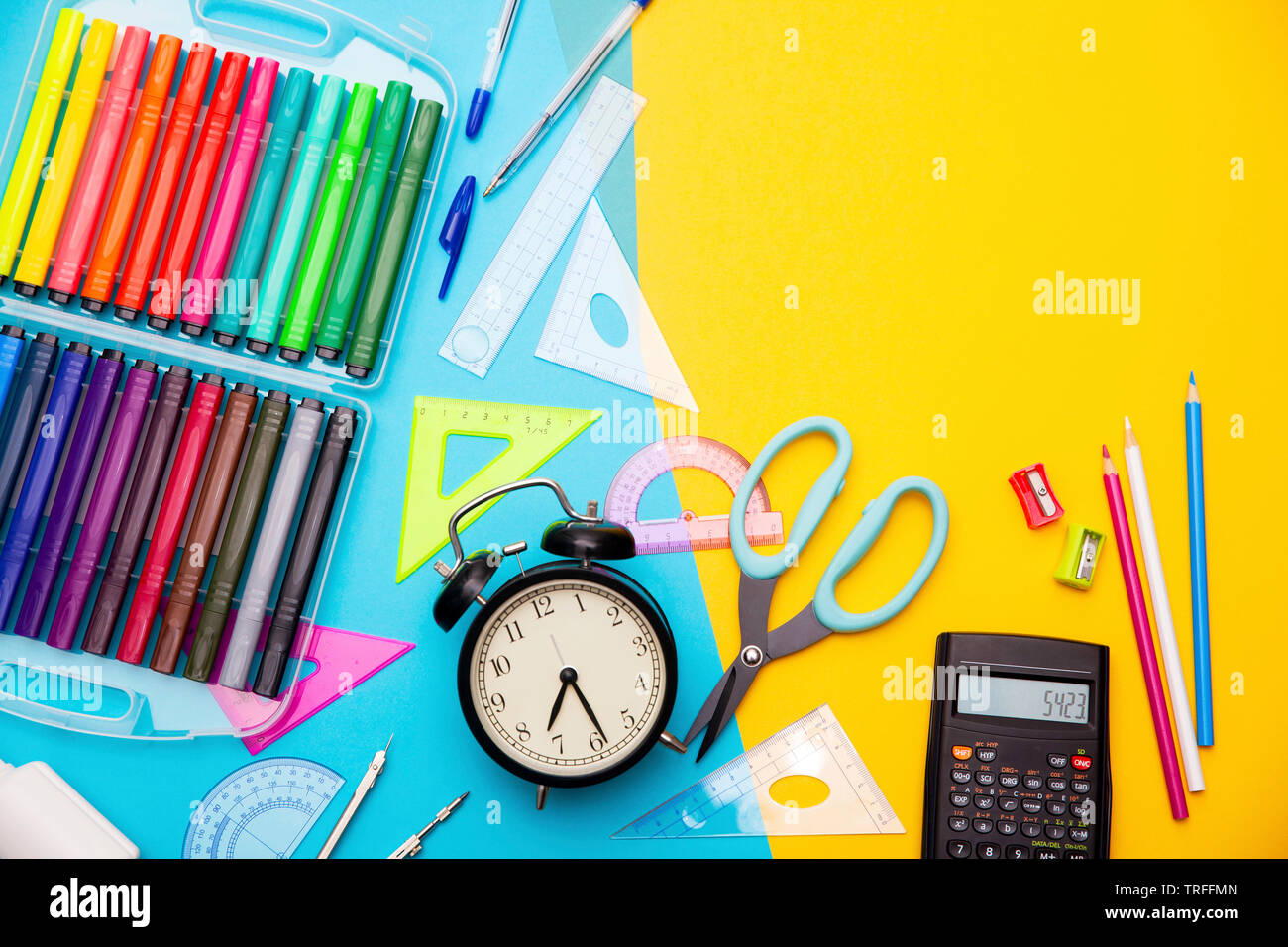 Starting school, back to school, education are styled flat lay scene ...