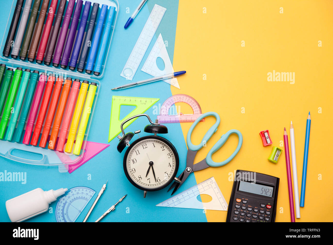 Starting school, back to school, education are styled flat lay scene ...