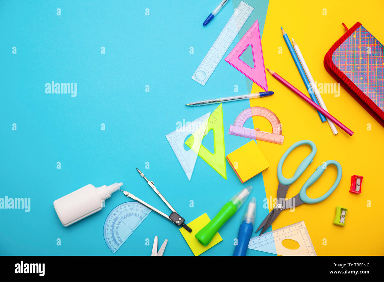 Starting school, back to school, education are styled flat lay scene ...