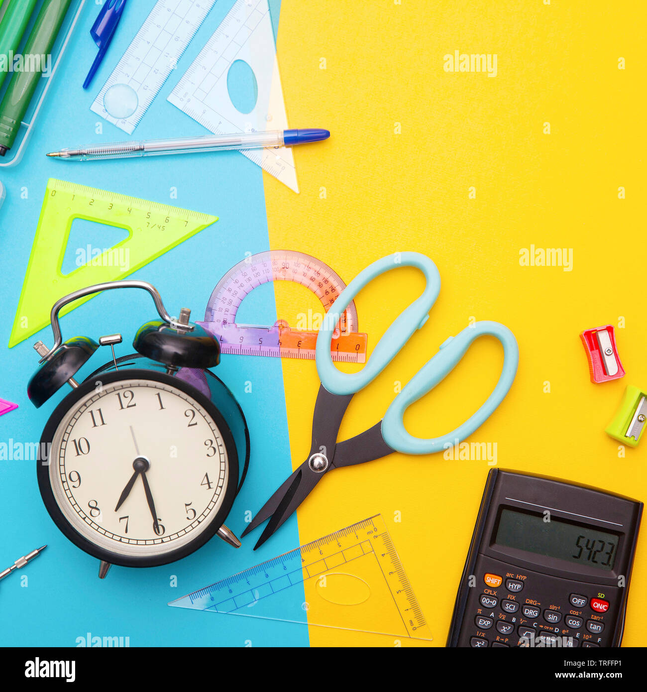 Starting school, back to school, education are styled flat lay scene ...