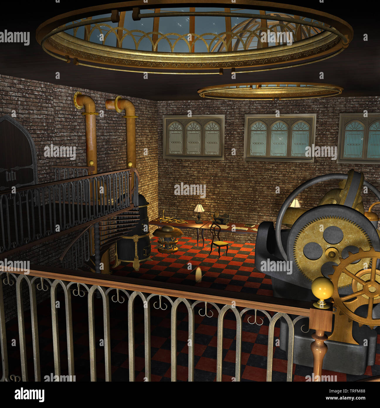 Overview of a steampunk laboratory with machines and pipes Stock Photo ...