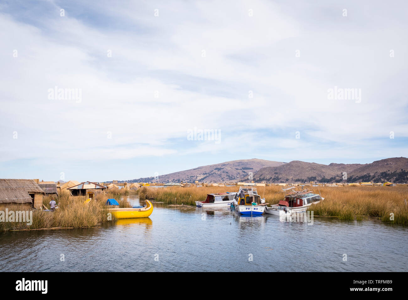 Floating islands on Lake Titicaca are built by Uros people with totora ...