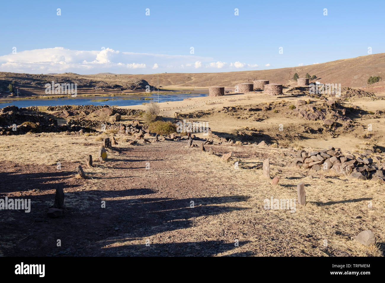 Impressive pre-Inca burial towers called chullpas with the Lake Umayo ...