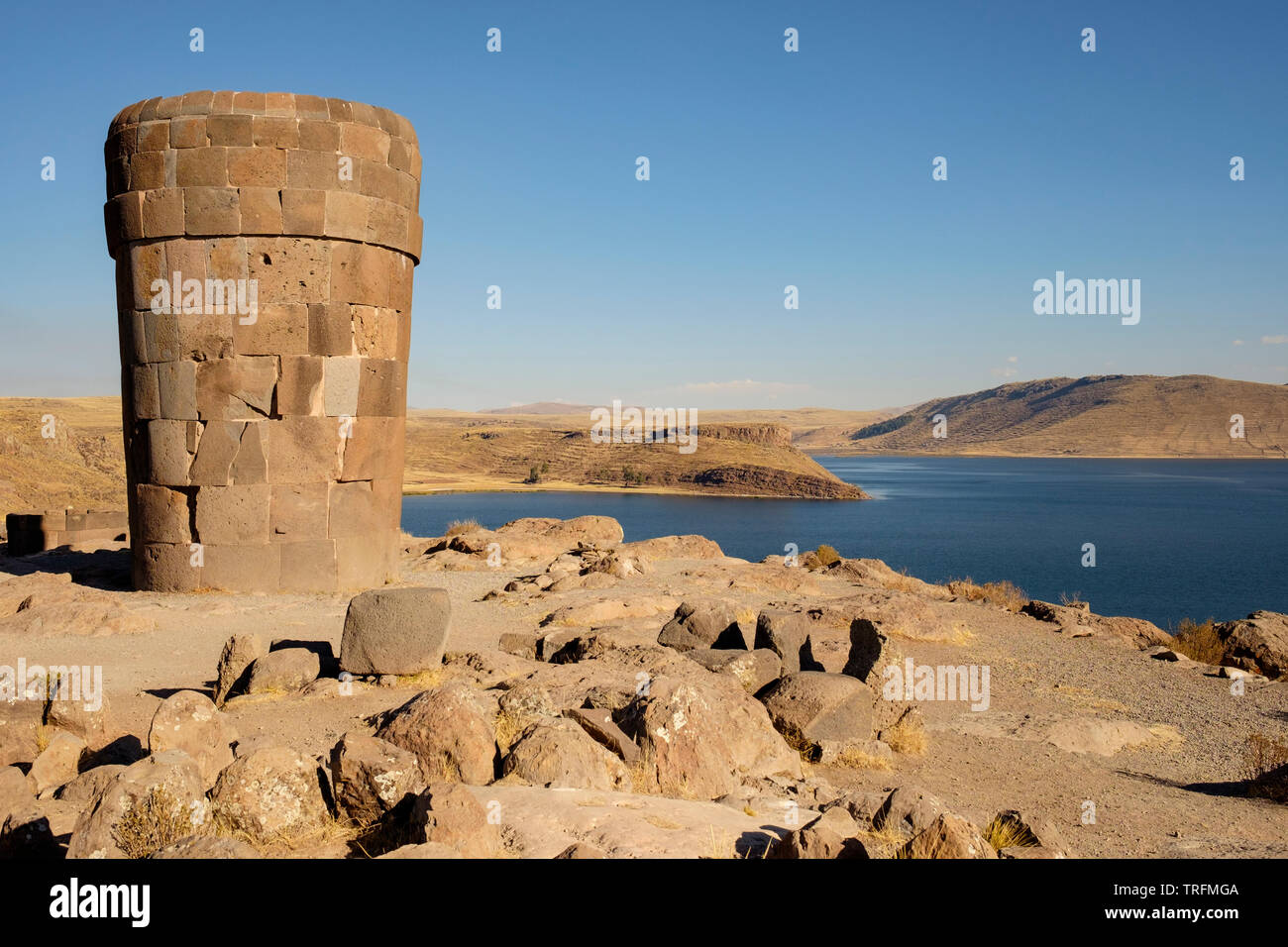 Impressive pre-Inca burial tower called chullpa with the Lake Umayo in ...