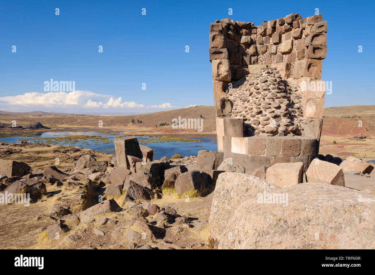 Impressive pre-Inca burial tower called chullpa with the Lake Umayo in ...