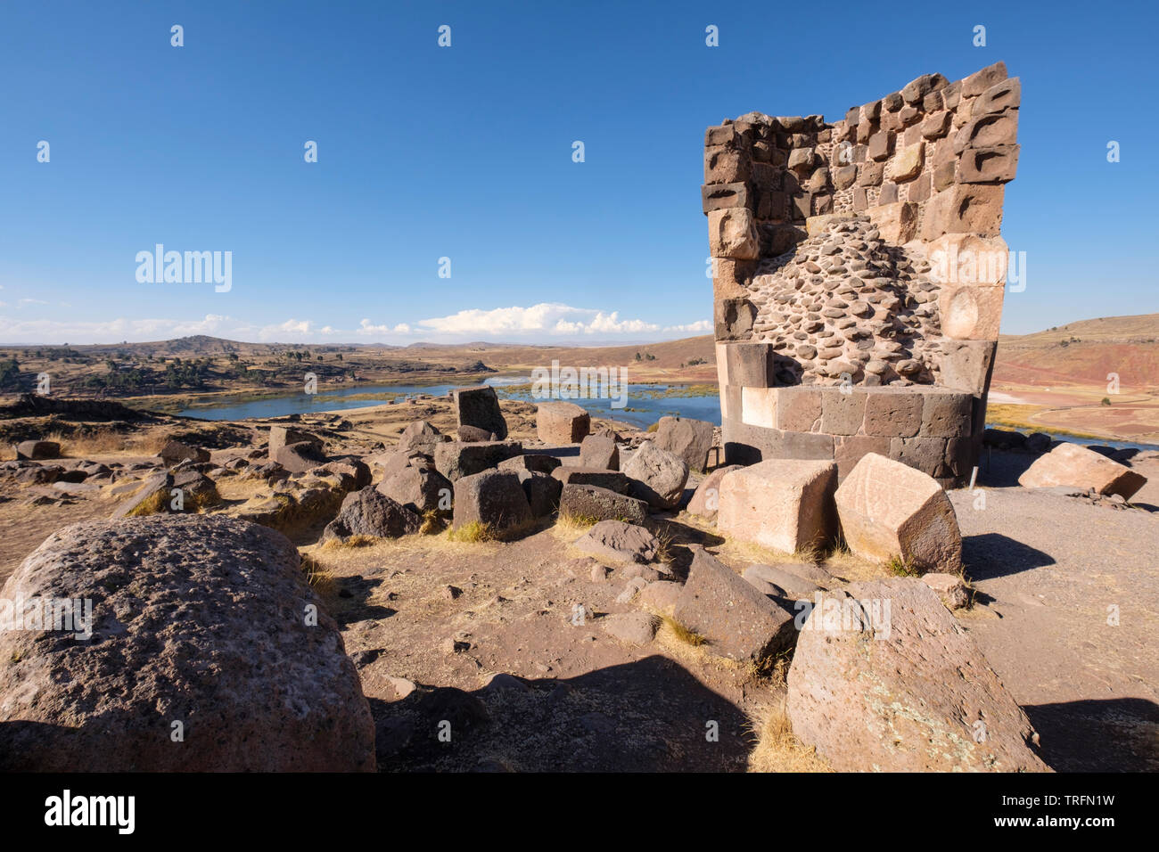 Impressive pre-Inca burial tower called chullpa with the Lake Umayo in ...