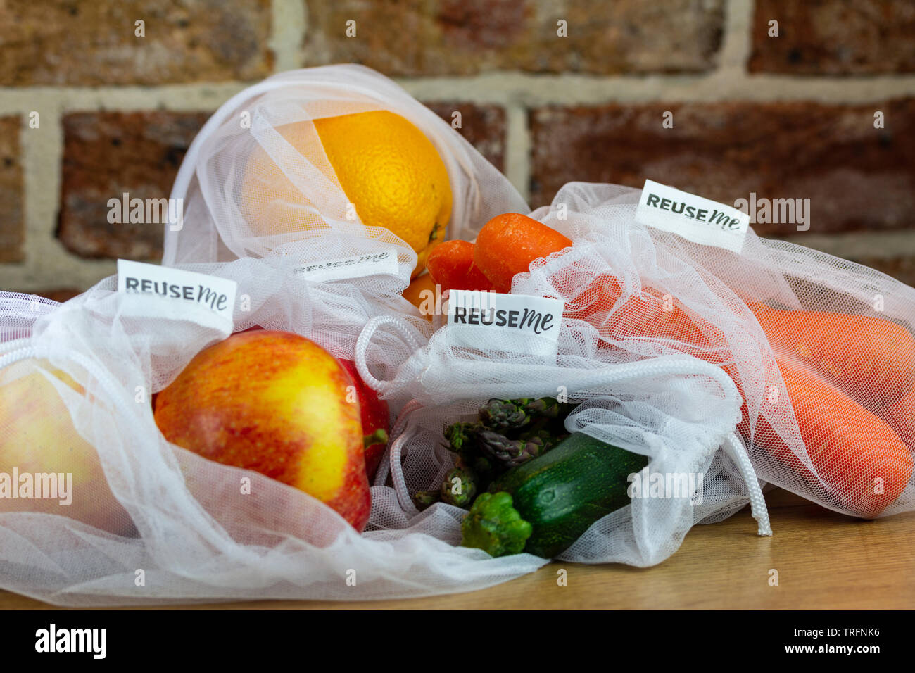 Fruit and Vegetables in reusable mesh bags, with reuse me labels, on ...