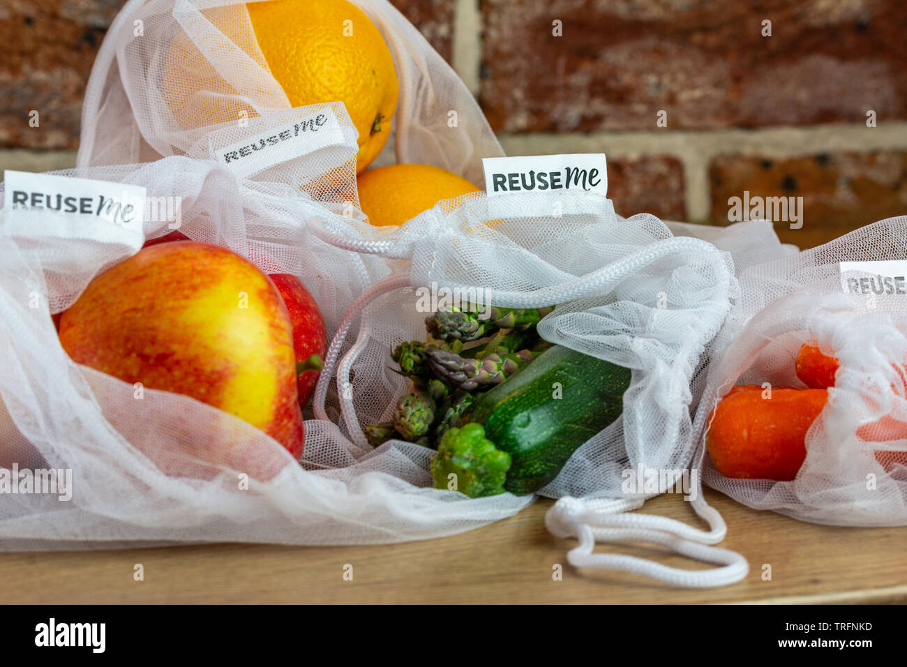 Fruit and Vegetables in reusable mesh bags, with reuse me labels, on ...