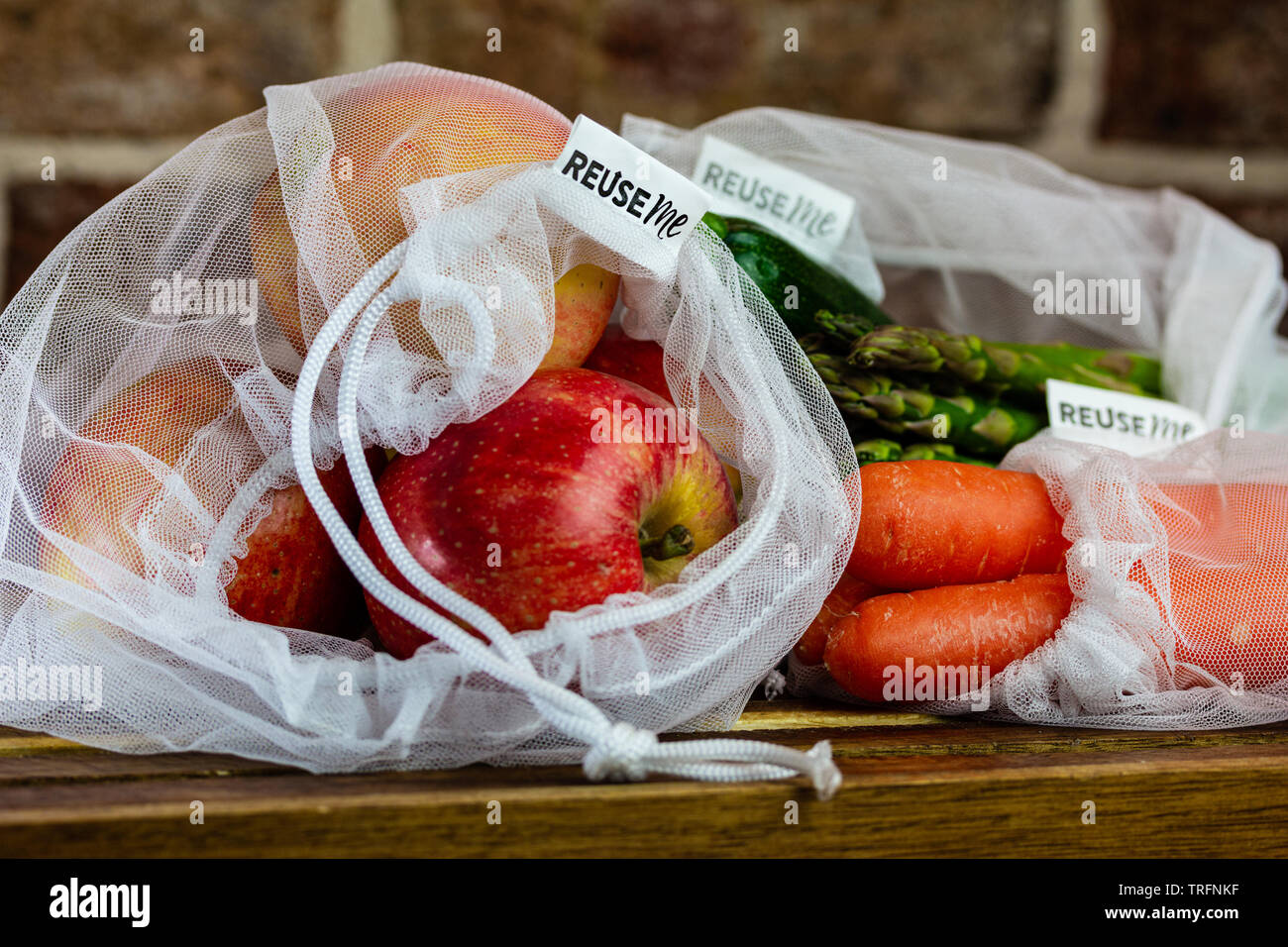 Fruit and Vegetables in reusable mesh bags, with reuse me labels, on ...
