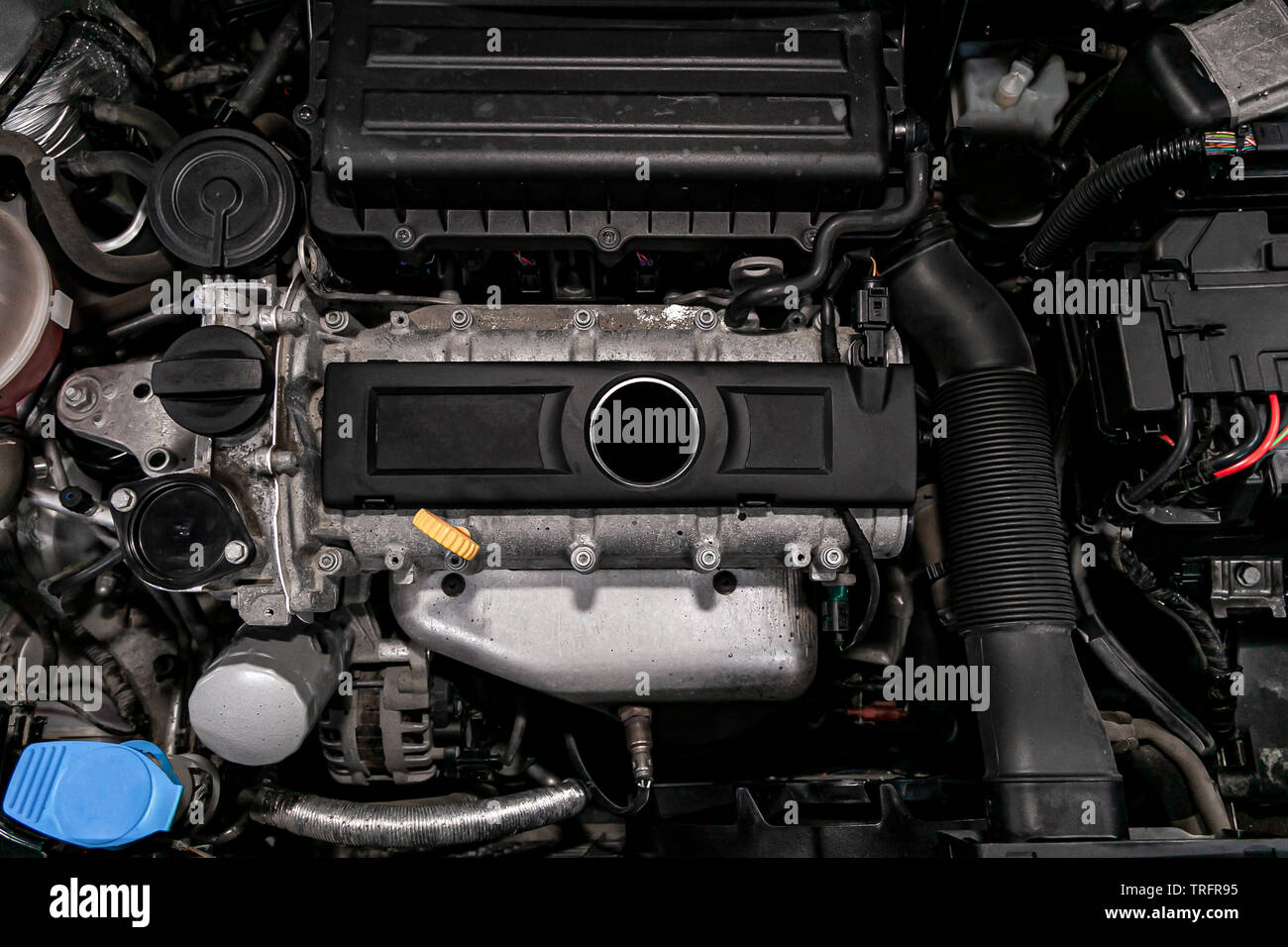 Close up detail of new car engine Car engine part. Close-up image of an ...