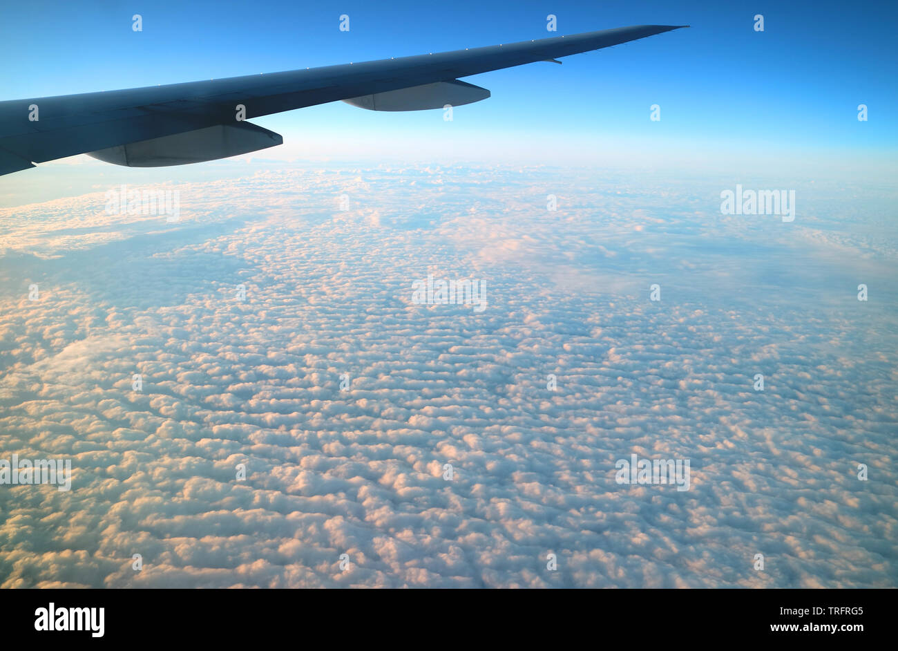 Impressive view of the wing of an airplane flying above the clouds seen ...