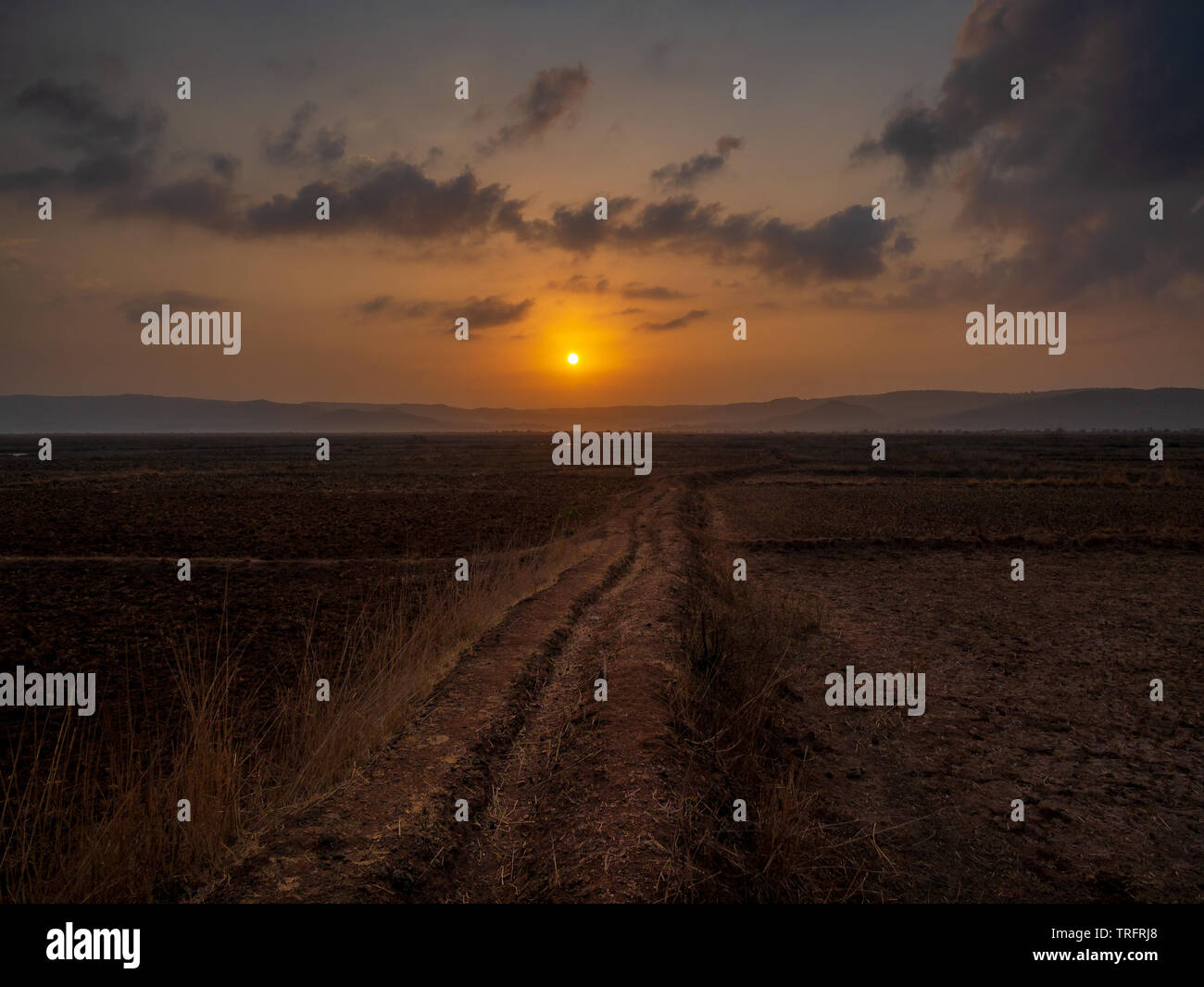 Colorful Sunrise Sunset at Indian village with open land and farm in ...