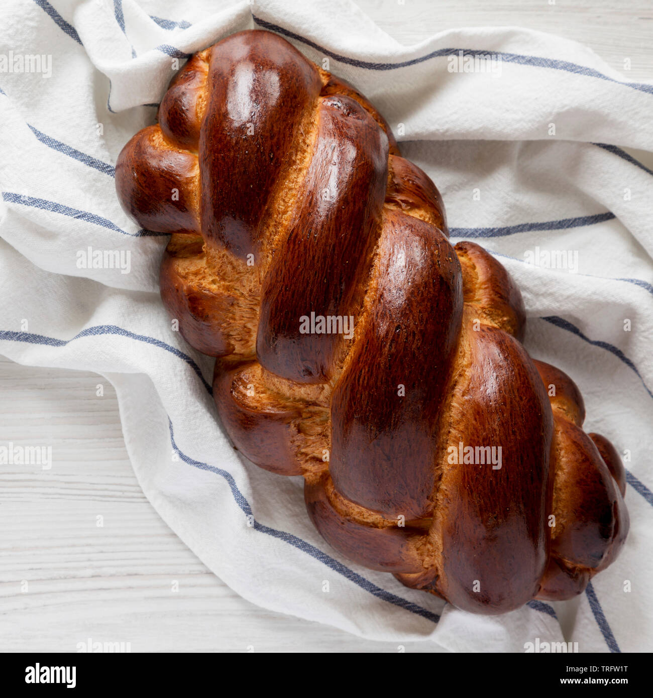 Homemade jewish challah bread on cloth, top view. From above, overhead ...