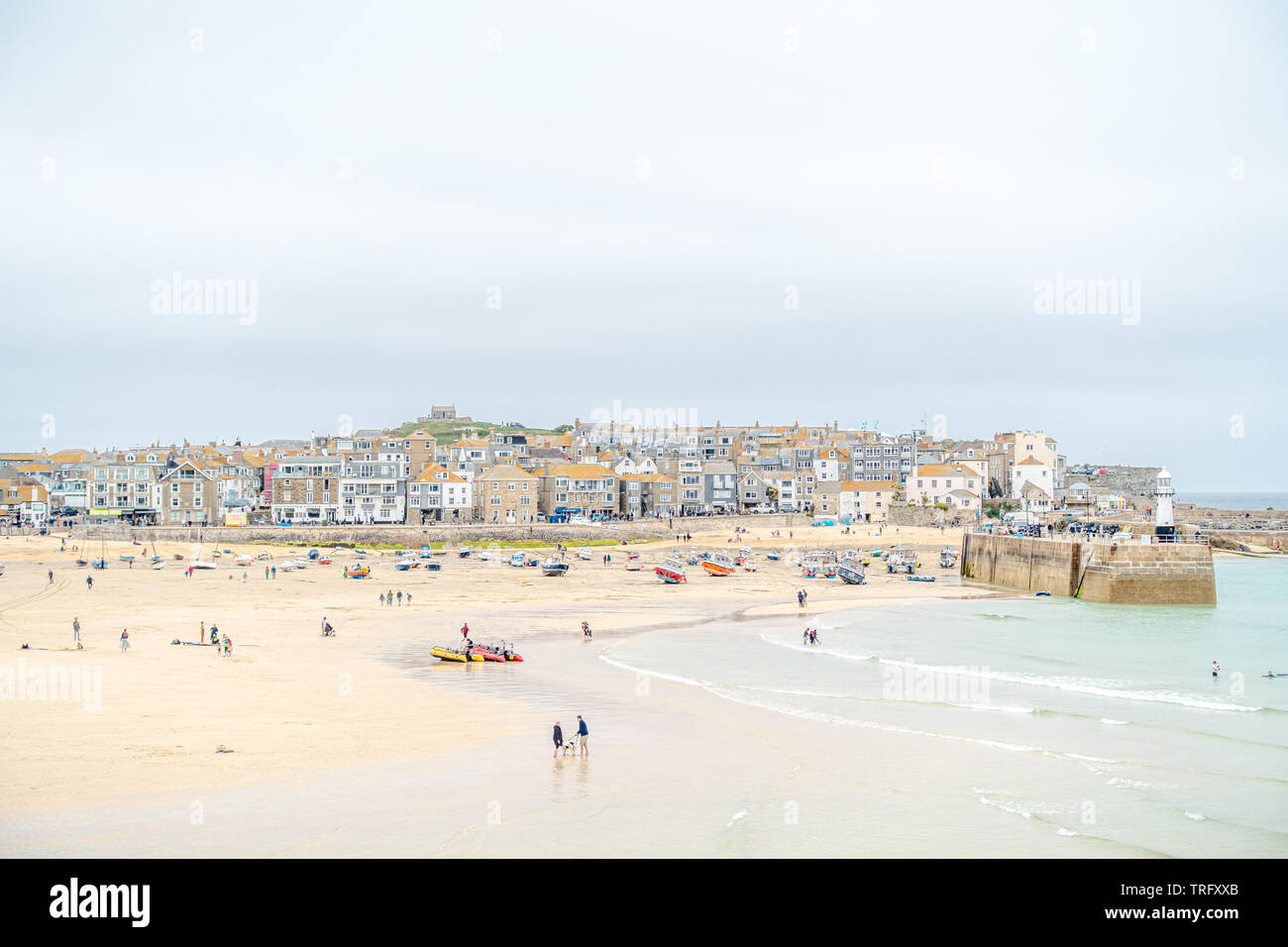 View of St Ives in Cornwall including the sandy beach, coastline and ...